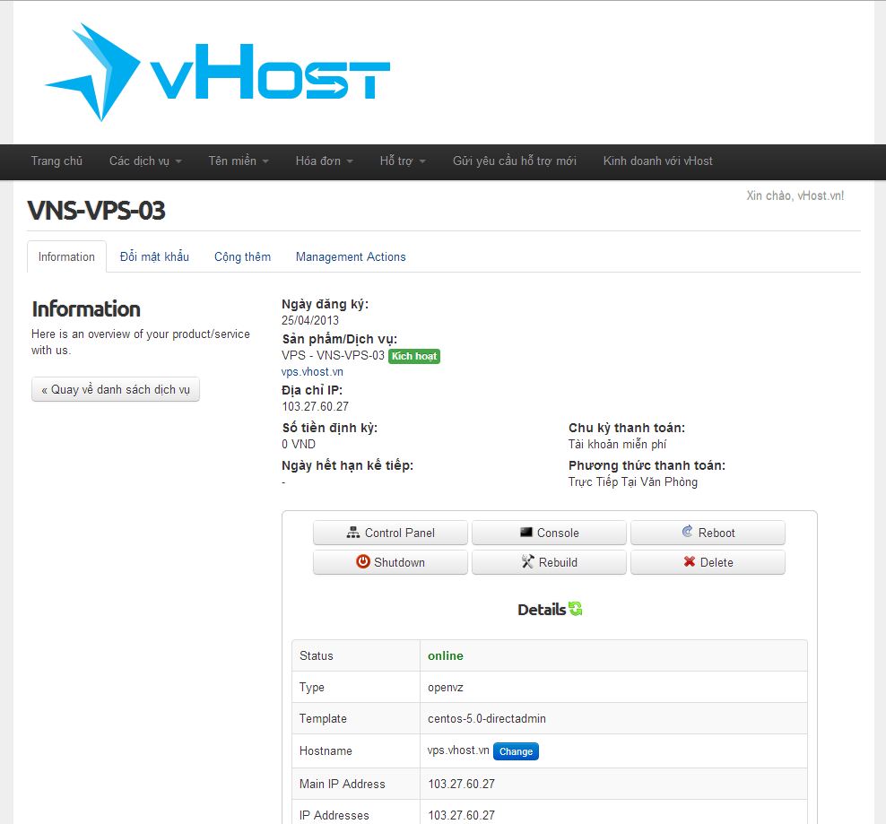 vps control panel - vHost